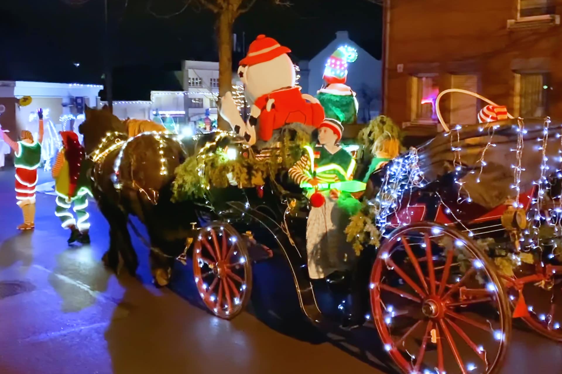 La calèche illuminée de Noël ses chevaux